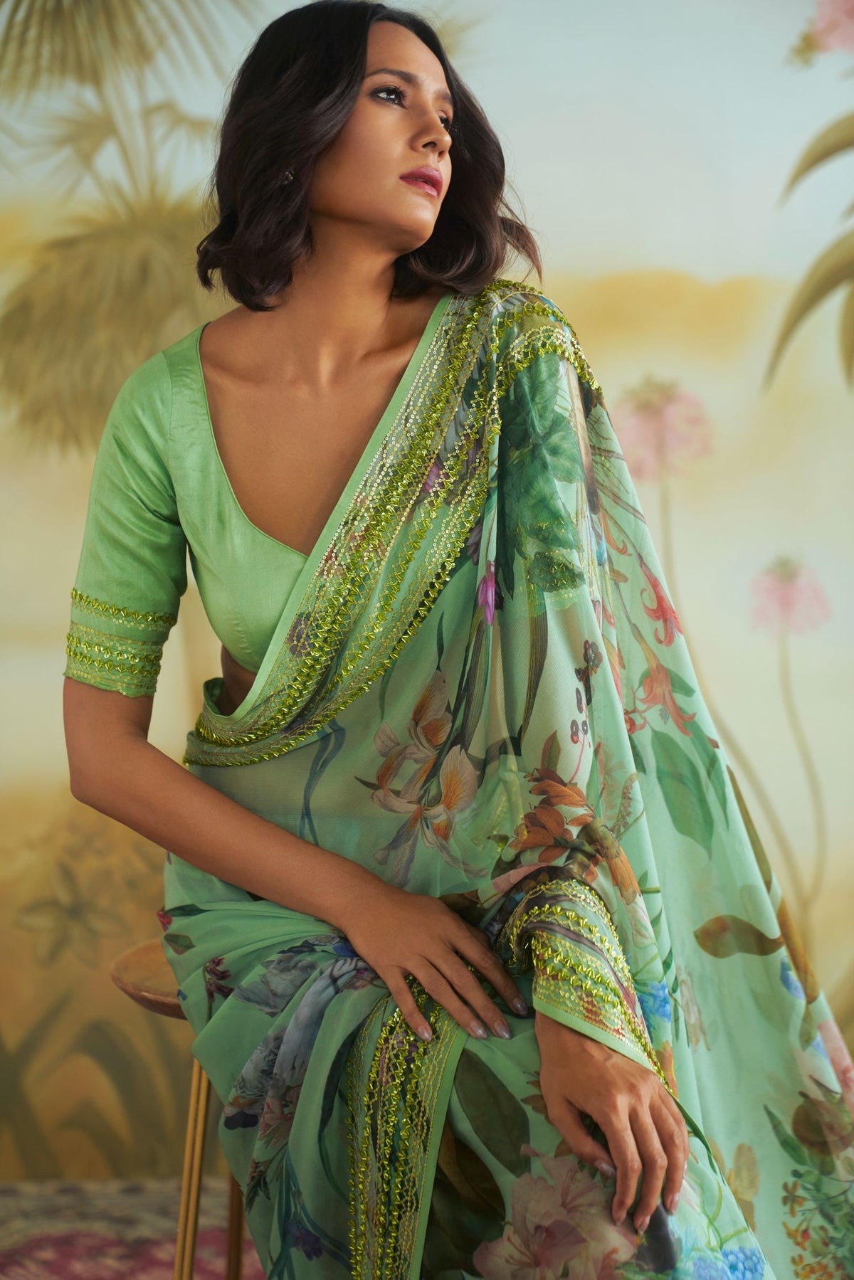 Printed Sequin Border Saree Set – Deval The Multi Designer Store