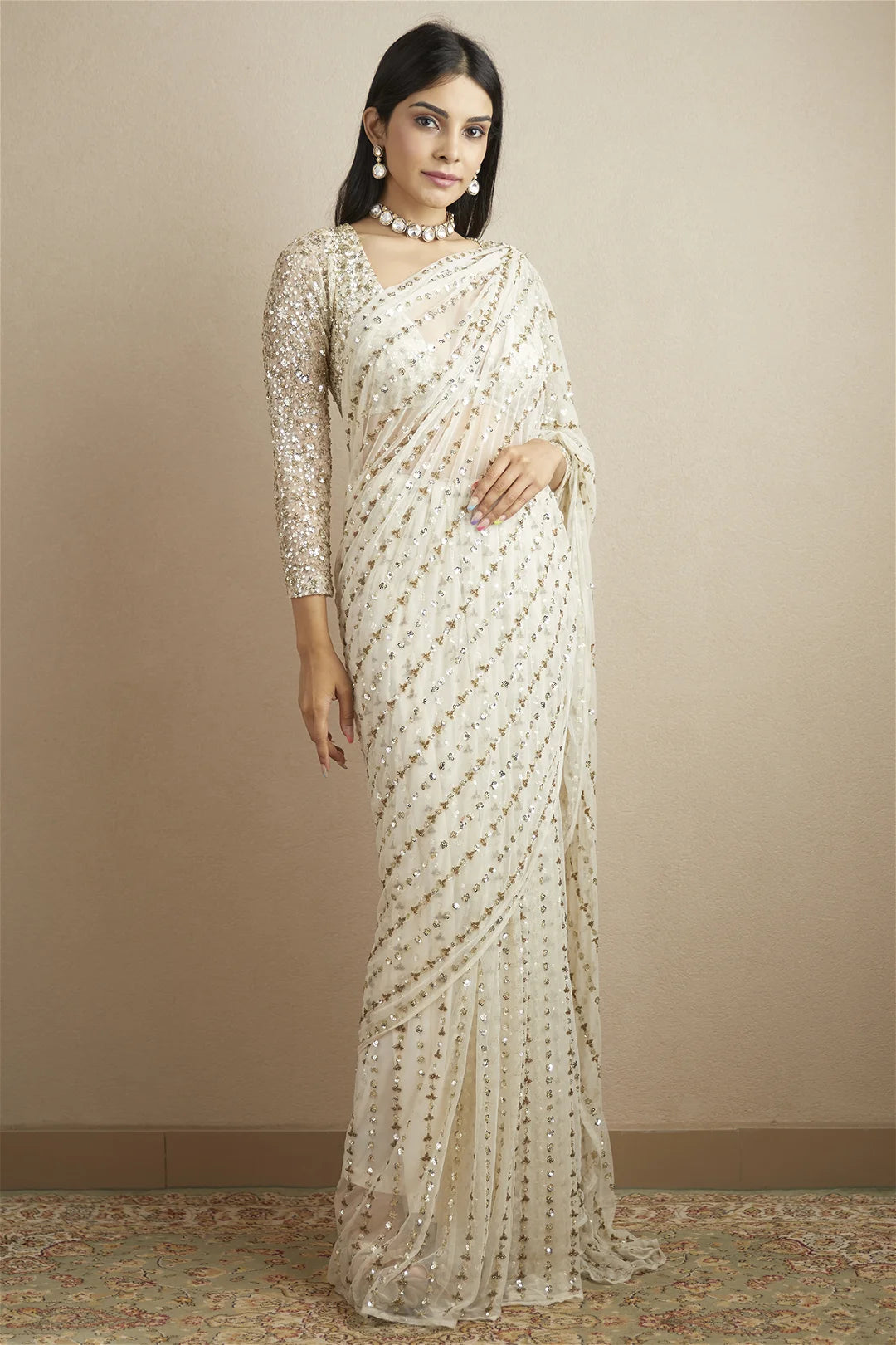 OFF WHITE SEQUENCE AND BEADS SAREE SET | Deval Store