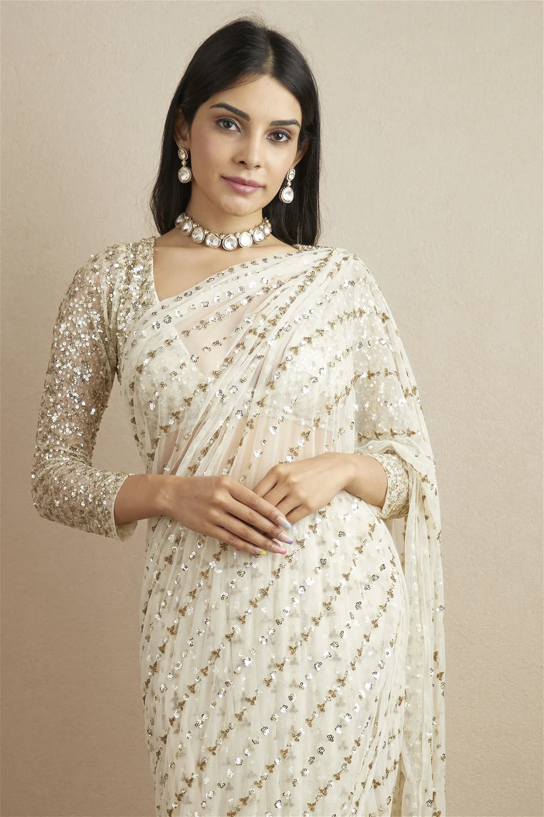 OFF WHITE SEQUENCE AND BEADS SAREE SET | Deval Store