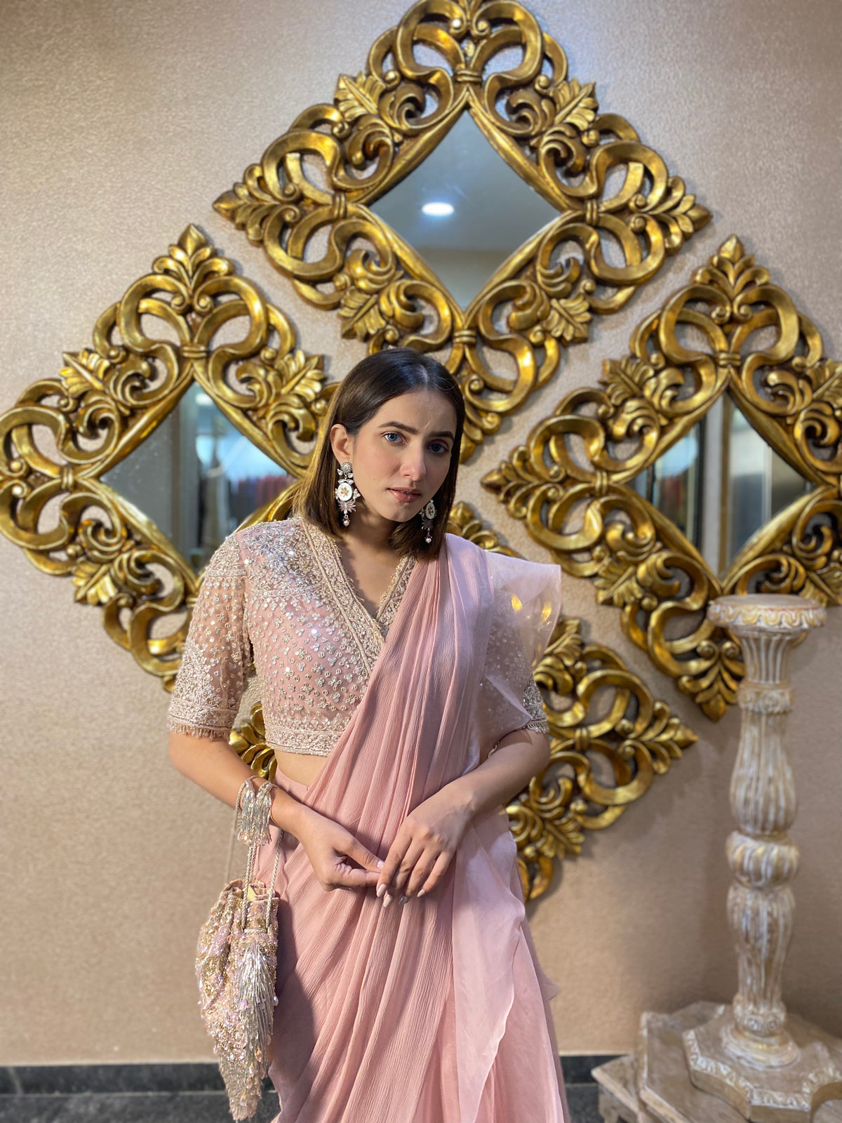 Buy Dusty Pink Chiffon & Organza Ruffle Draped Saree Set | Deval Store