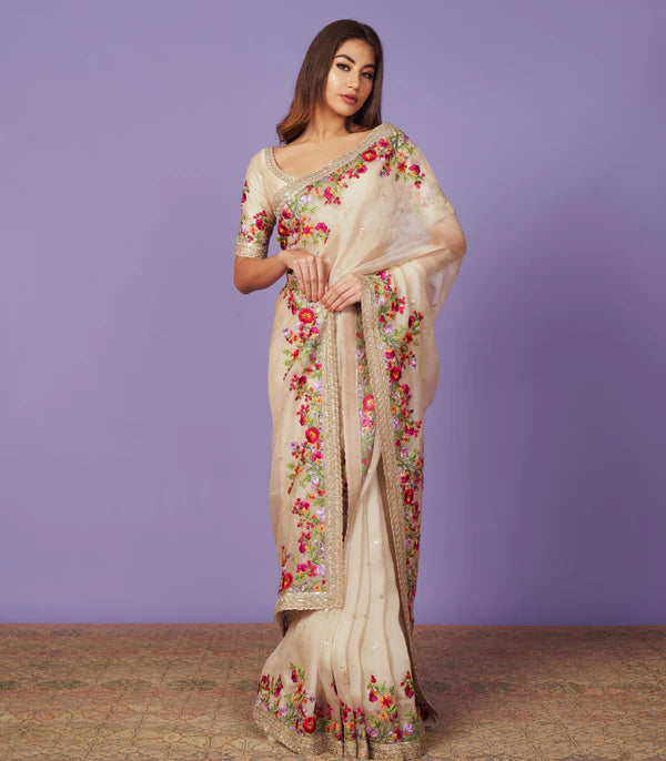 Buy Ivory Organza Saree With Zardori Border | Deval Store