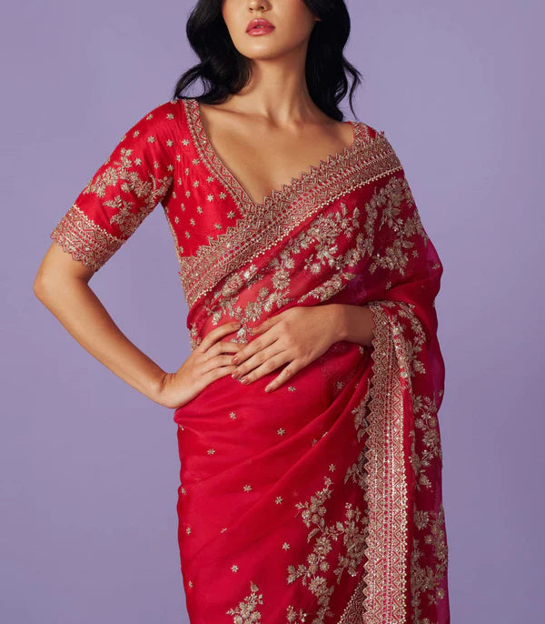 Red Organza Zardozi Saree Set | Deval Store