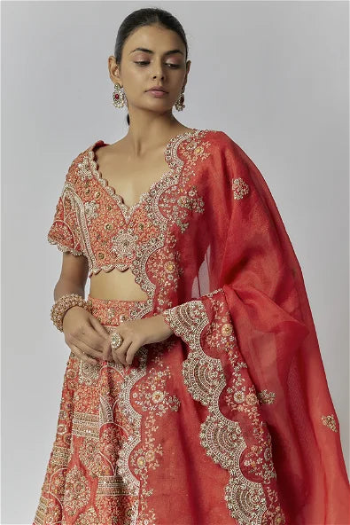 Red Dupion Dori & Aari Embroidered Lehenga Set | Deval Store