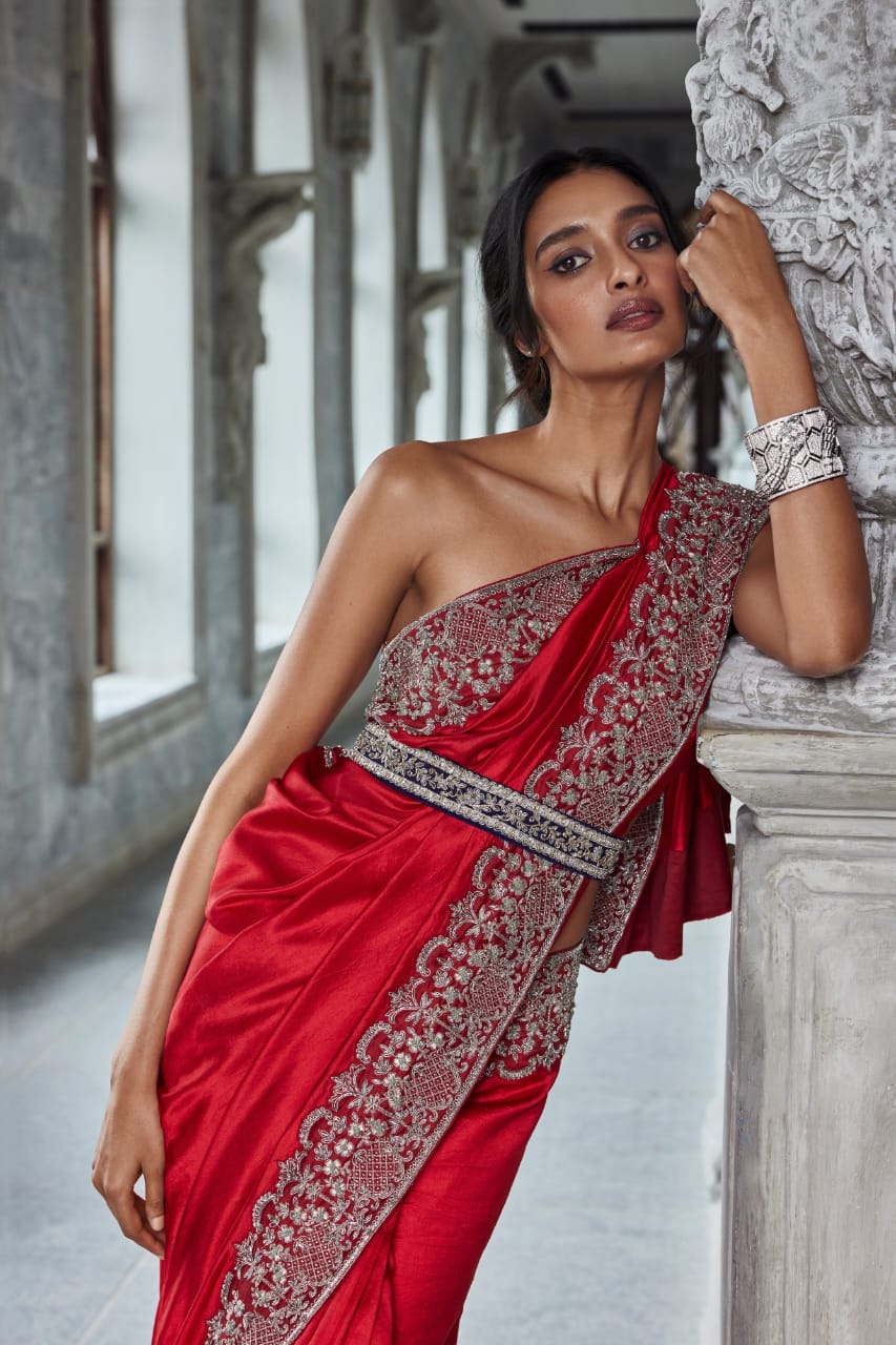 Buy Red Cutwork Silk Saree Set Online | Deval Store