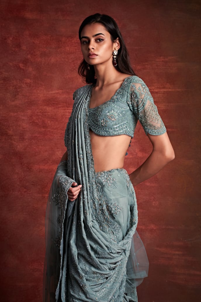 Teal Blue Silk Embroidered Saree Set | Deval Store