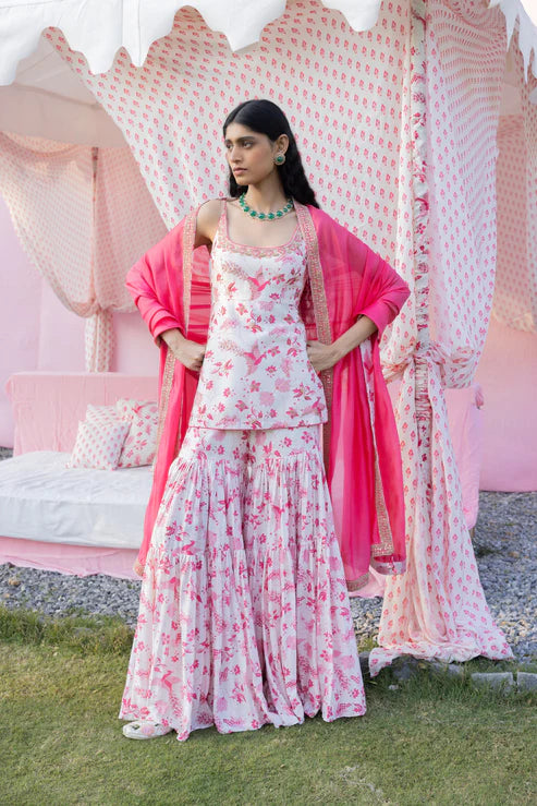 Ivory and Moonga Mughal Gharara Set | Deval Store