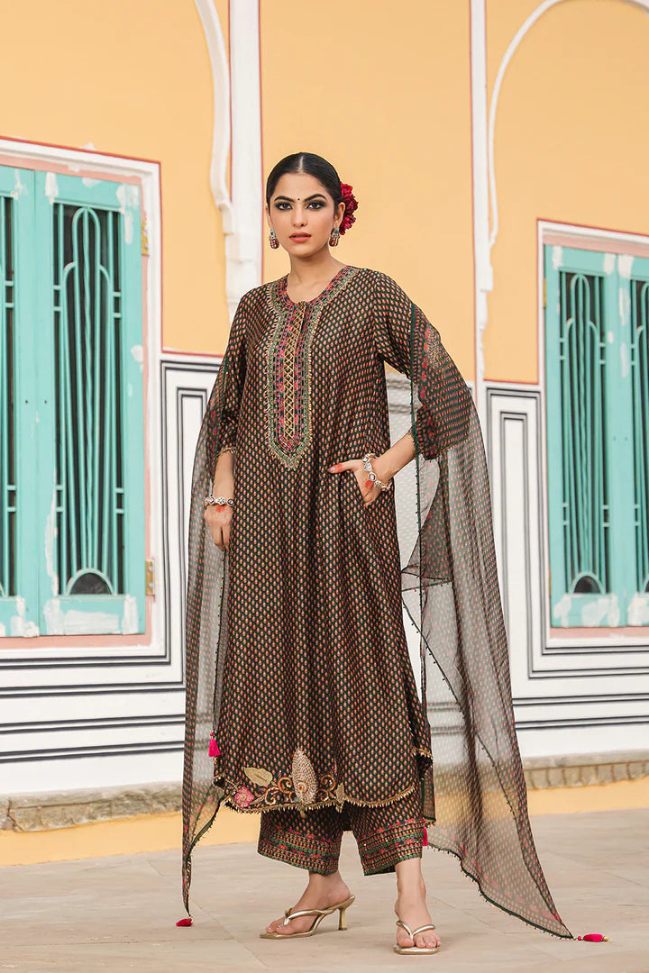 Dark Green Cheent Print Heavy Hem | Deval Store