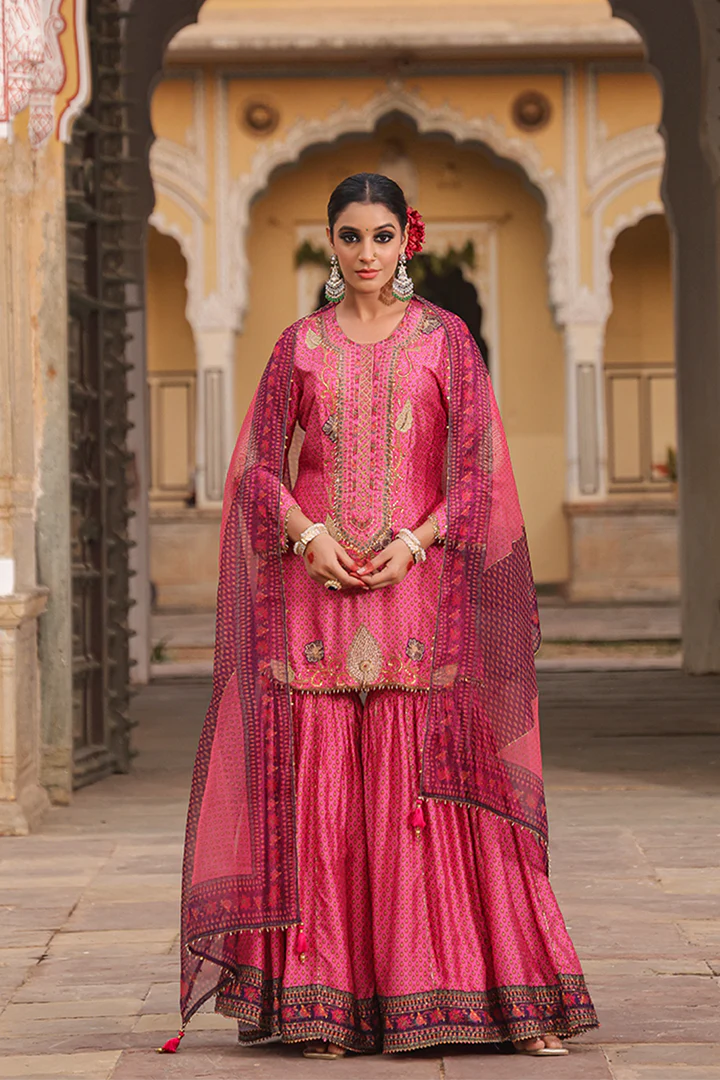 Pink Cheent Print Sharara Heavy Neck & Heavy Hem | Deval Store