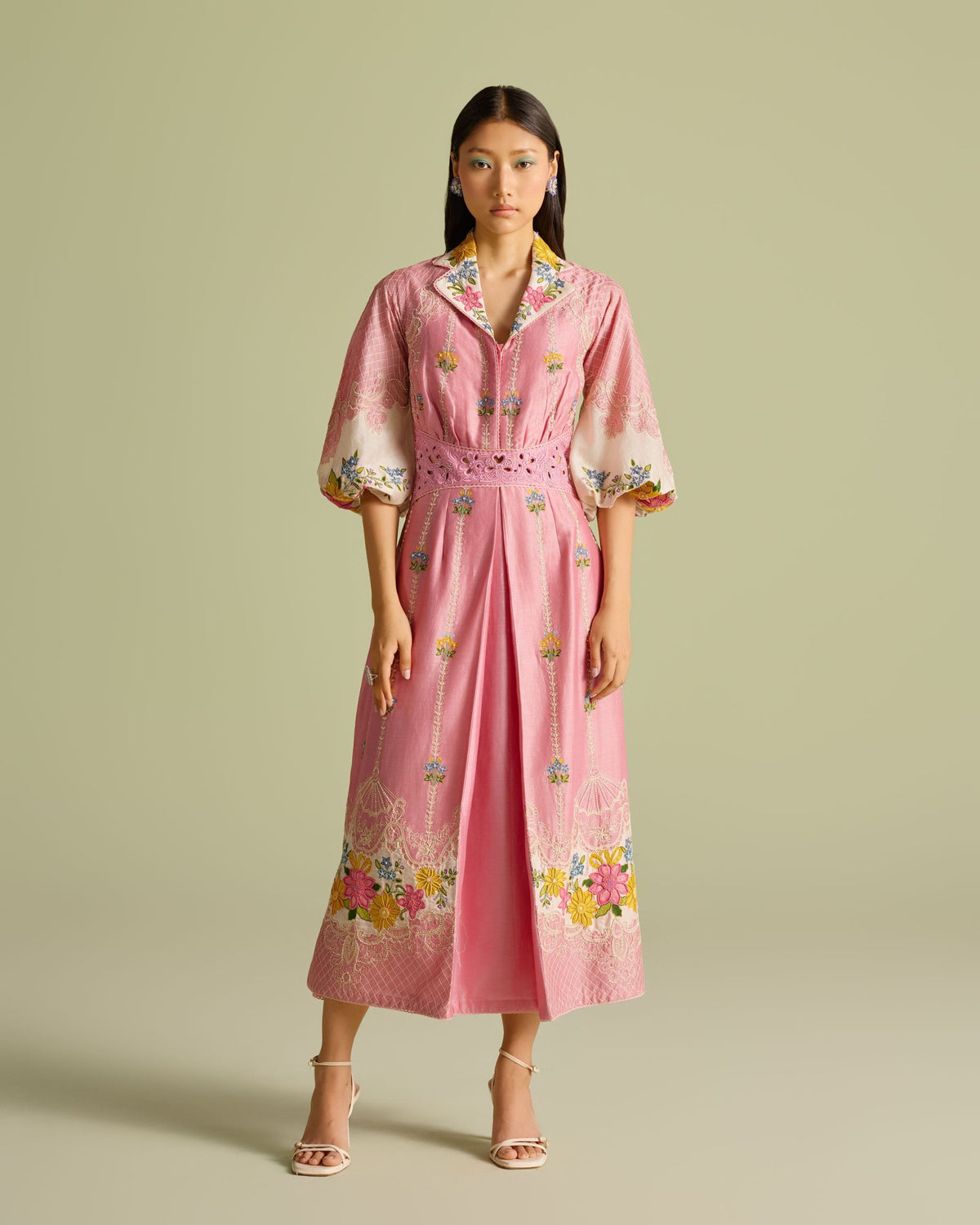 Pink And Ivory Color Block Embroidered Dress | Deval Store