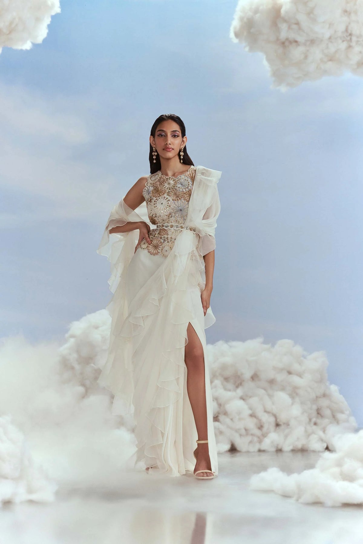 Celestial Top with Predraped Ruffle Saree | Deval Store