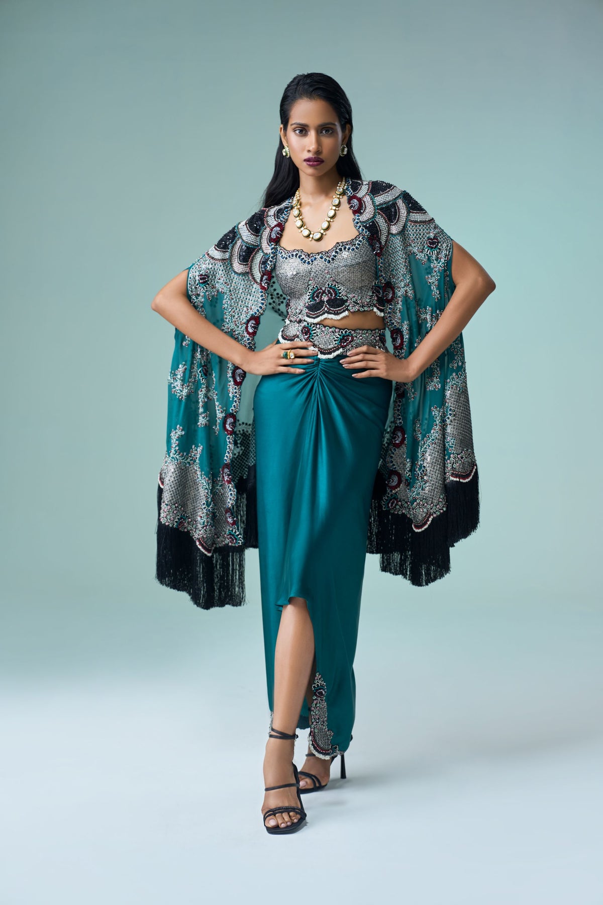 Teal Hand-Embroidered Midi Cape With Bustier And Pick Up Skirt | Deval ...