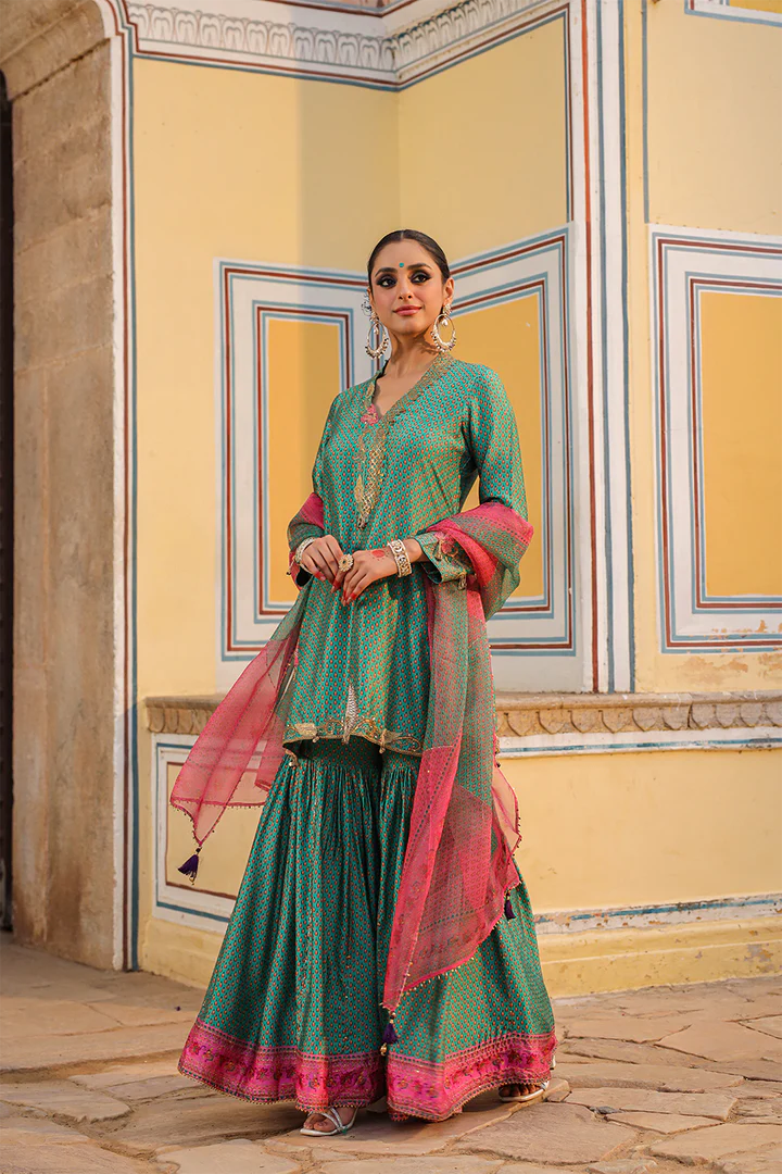 Turquoise Cheent Print Sharara Cut Work and Heavy Hem | Deval Store