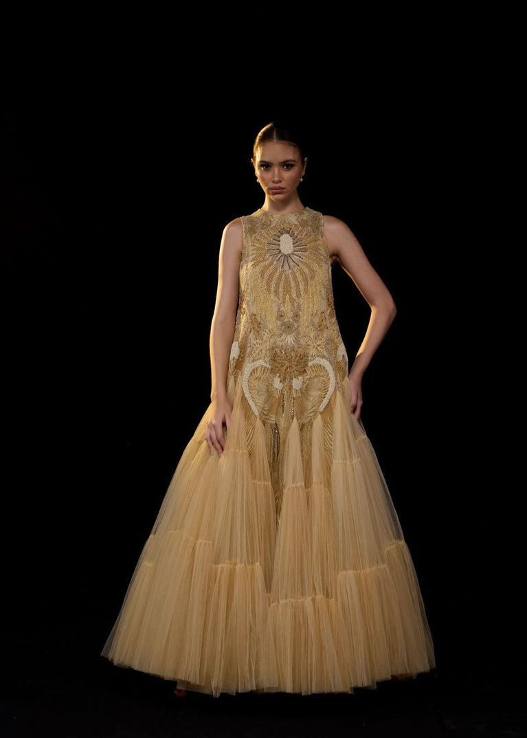 Ethereal Beige Sleeveless Gown with Zardozi Embroidery | Samant Chauhan ...