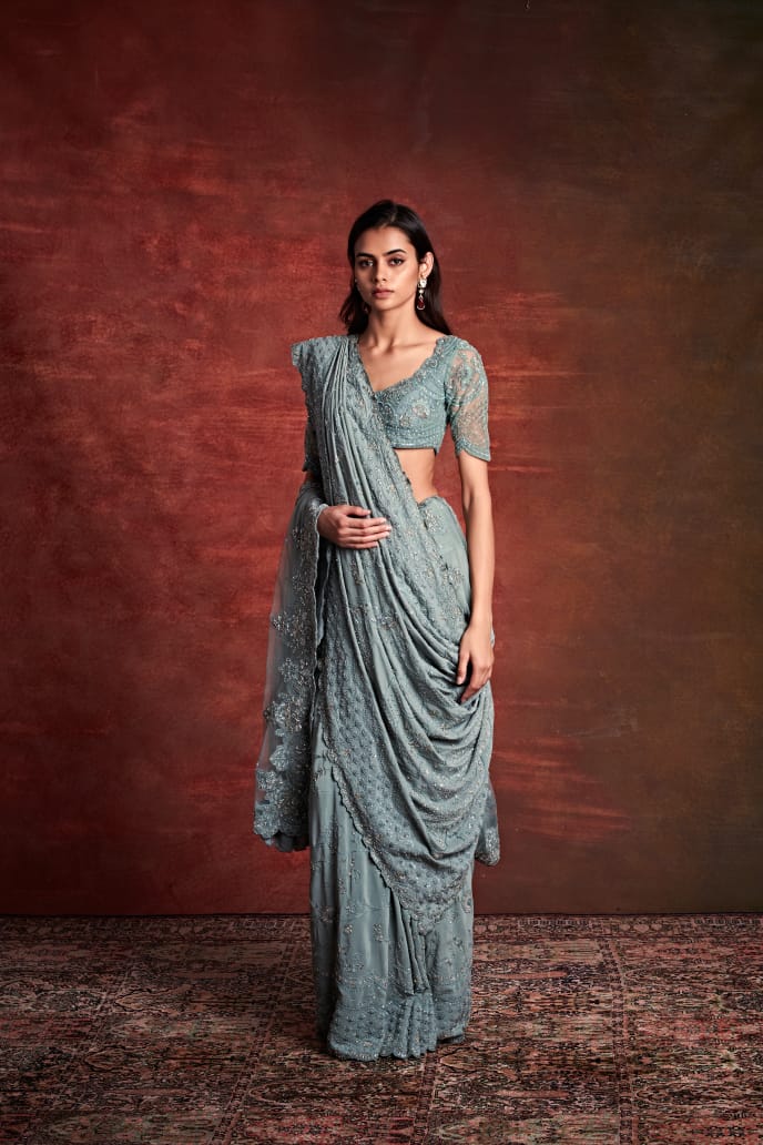 Teal Blue Silk Embroidered Saree Set | Deval Store